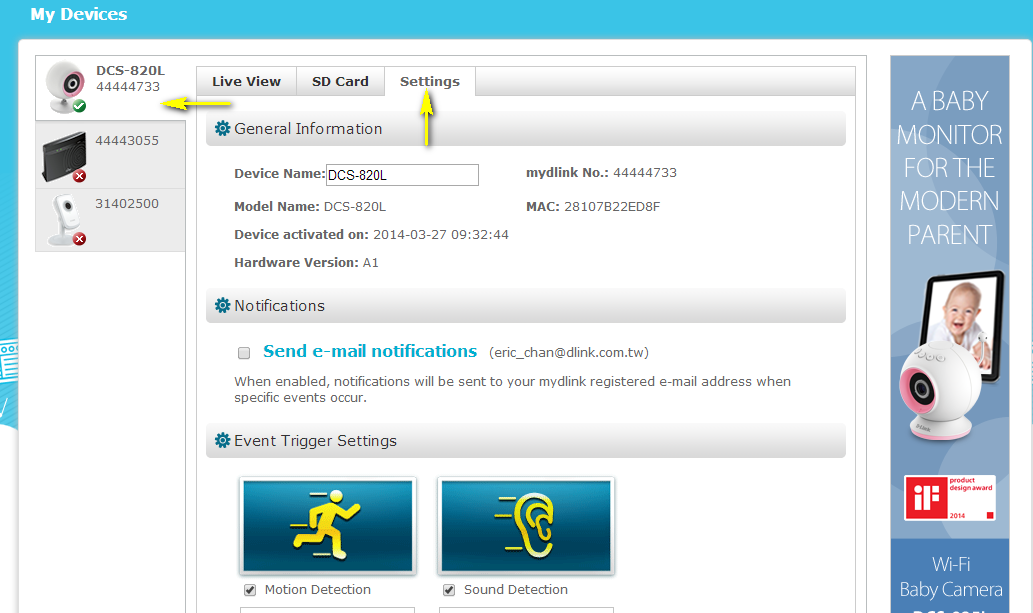 How do I configure Sound Detection on my mydlink Baby Camera using the mydlink service? | D-Link